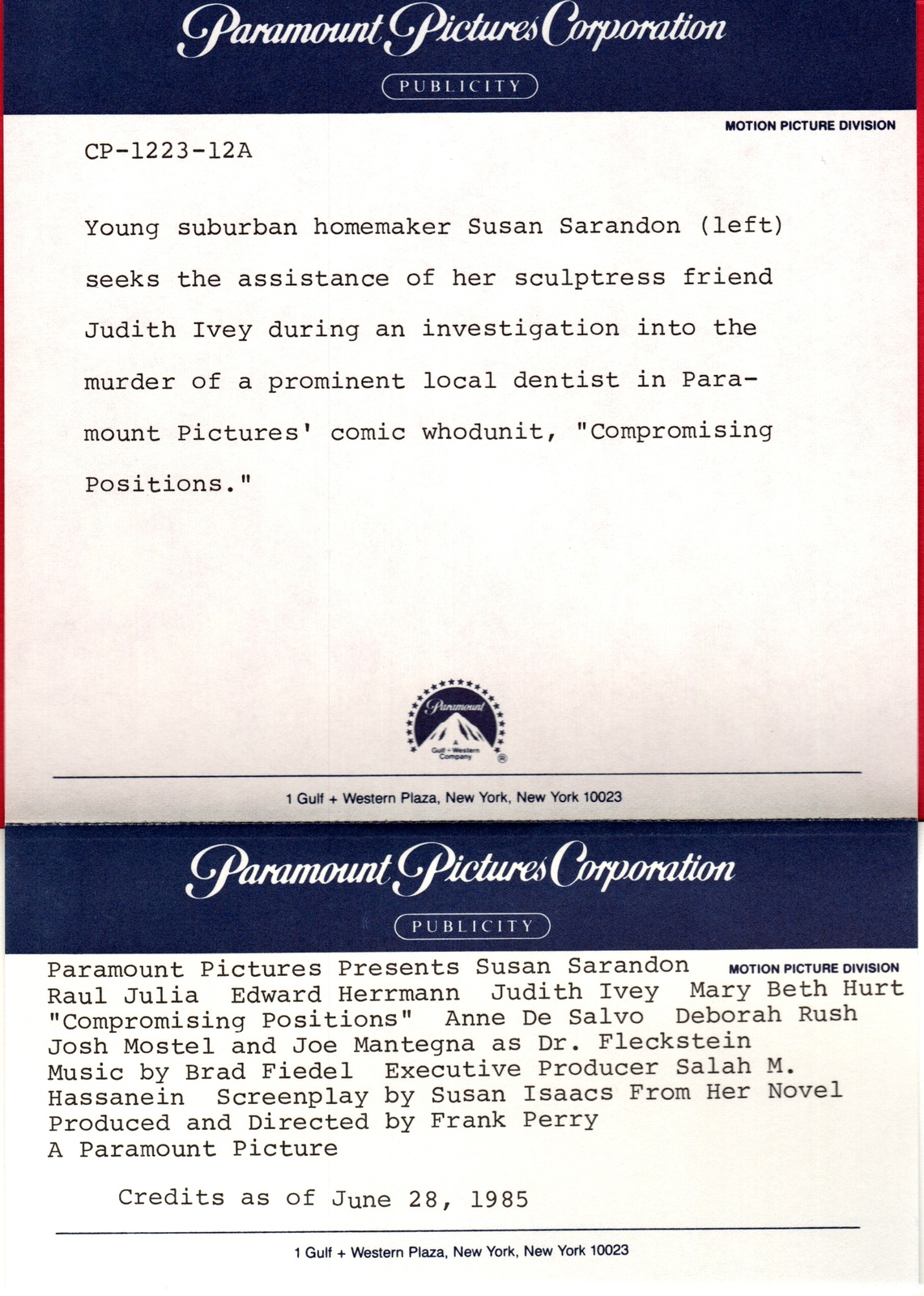 Susan SARANDON Compromising POSITIONS Movie PHOTO E542 - Black & White