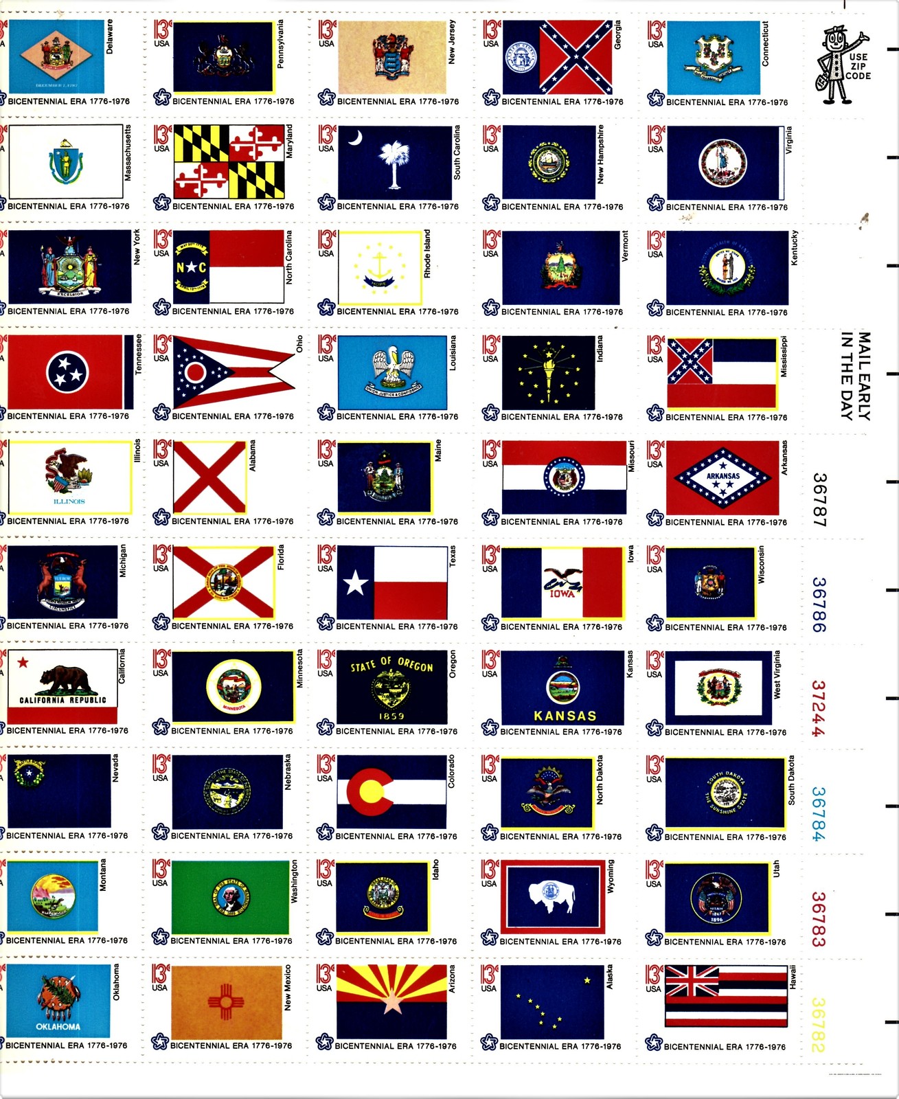 U S Stamps - 1976 USPS Full Sheet of 50 Bicentennial State Flags 13 ...