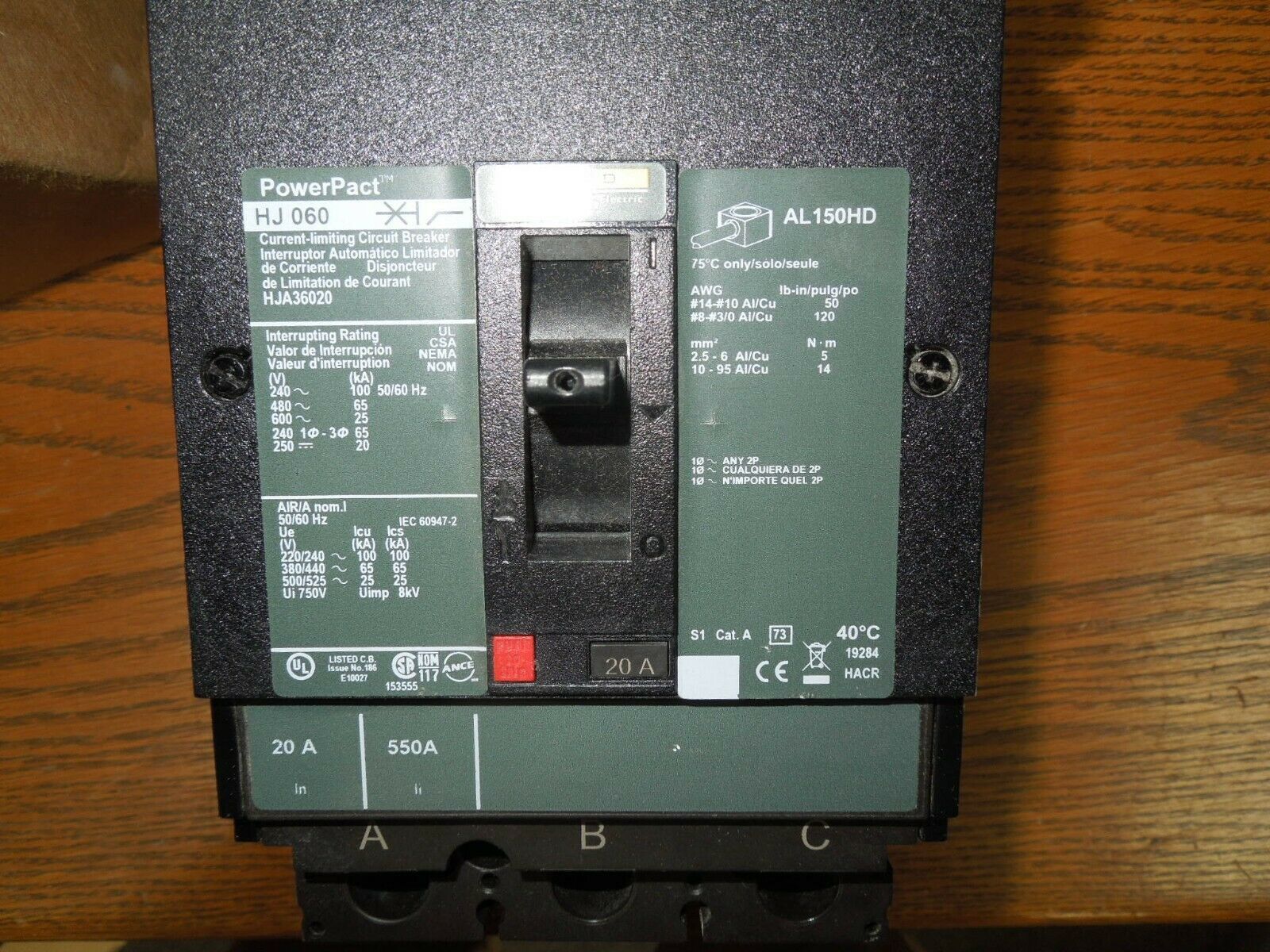 Square D I-line PowerPact Circuit Breaker HJA36020 20A 3P 600V Surplus ...