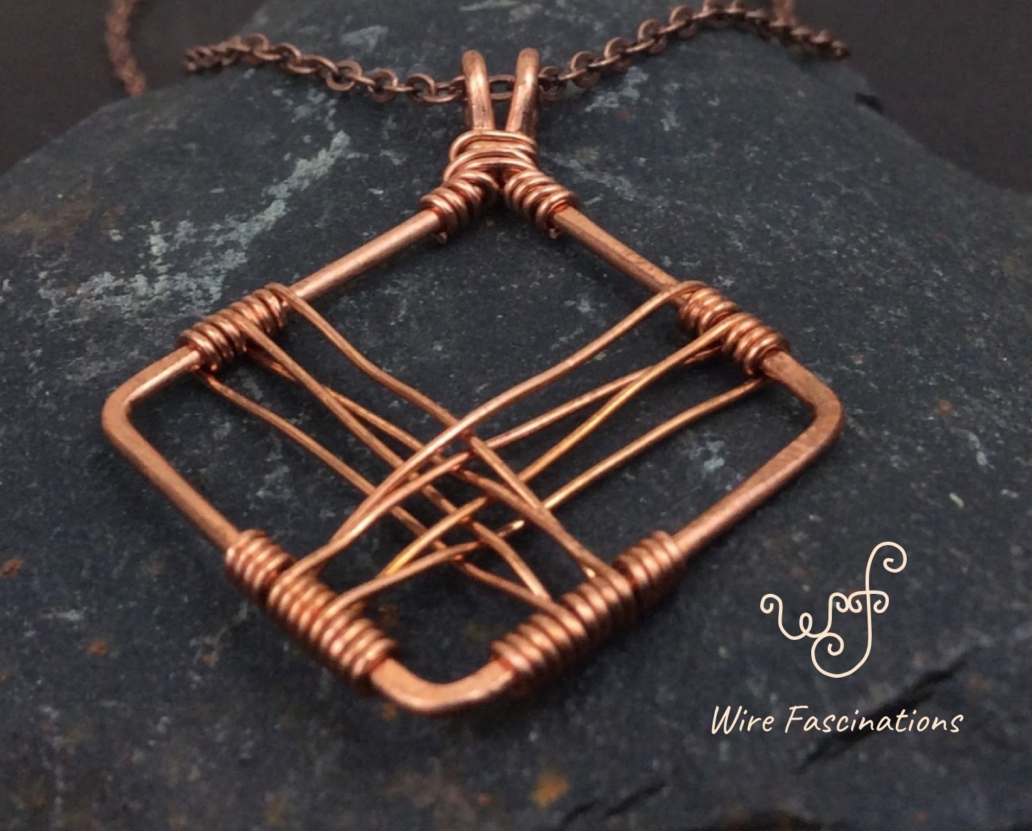 Handmade copper pendant necklace: square diamond frame cross wire ...
