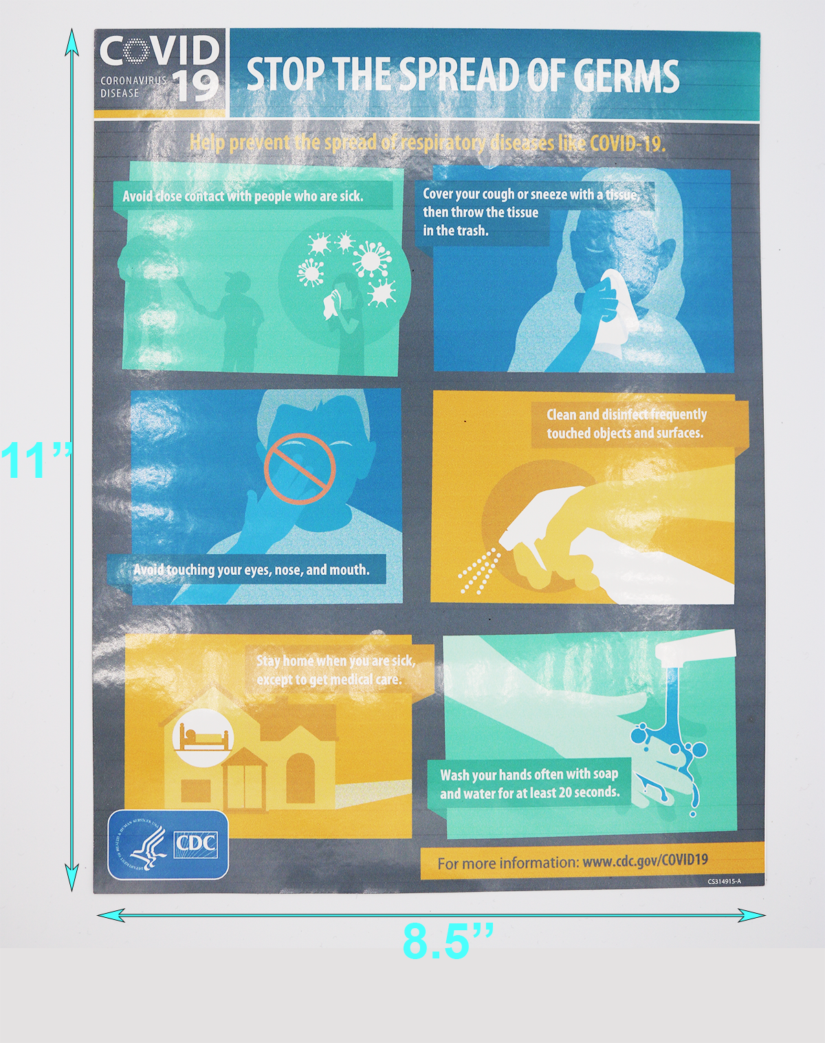 Stop the Spread of Germs poster (CDC approved) 11''x8.5'' -2 sticker ...
