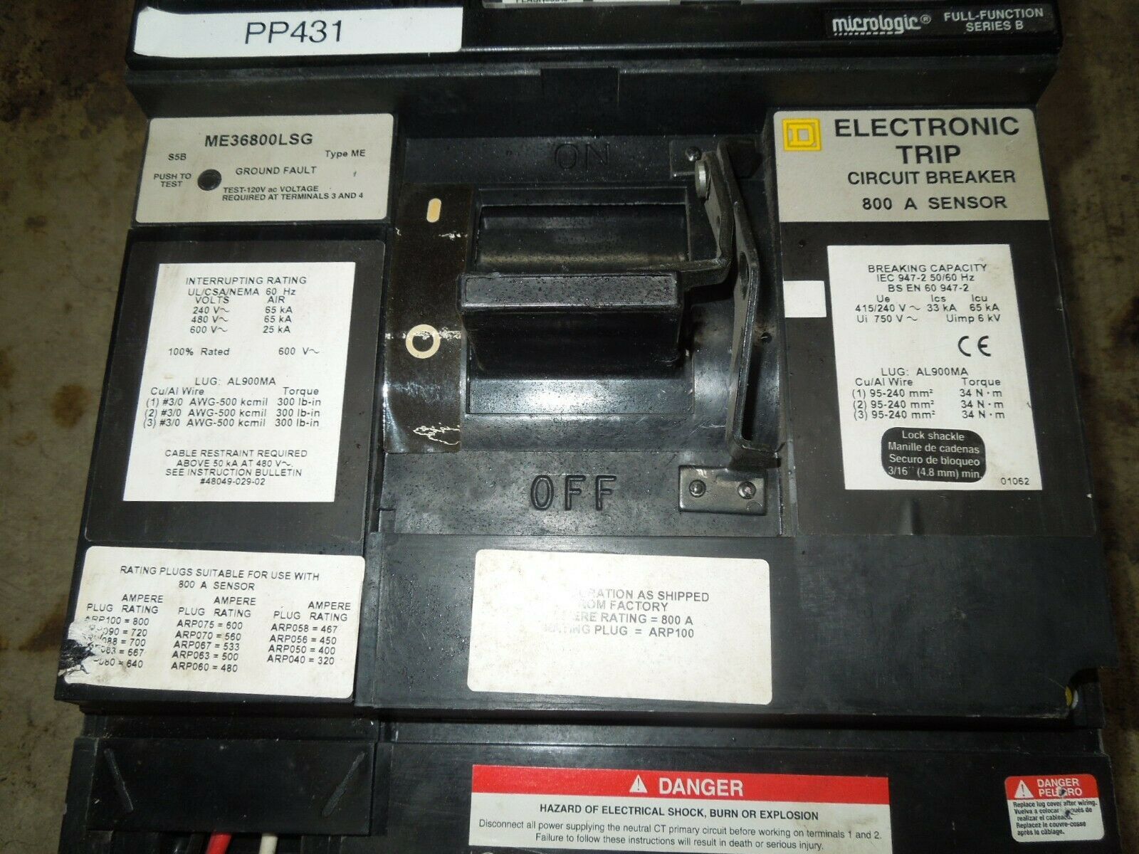 Square D I-Line ME36800LSG 800A 3P ARP100 Plug 800A Rated Ammeter LSIG ...