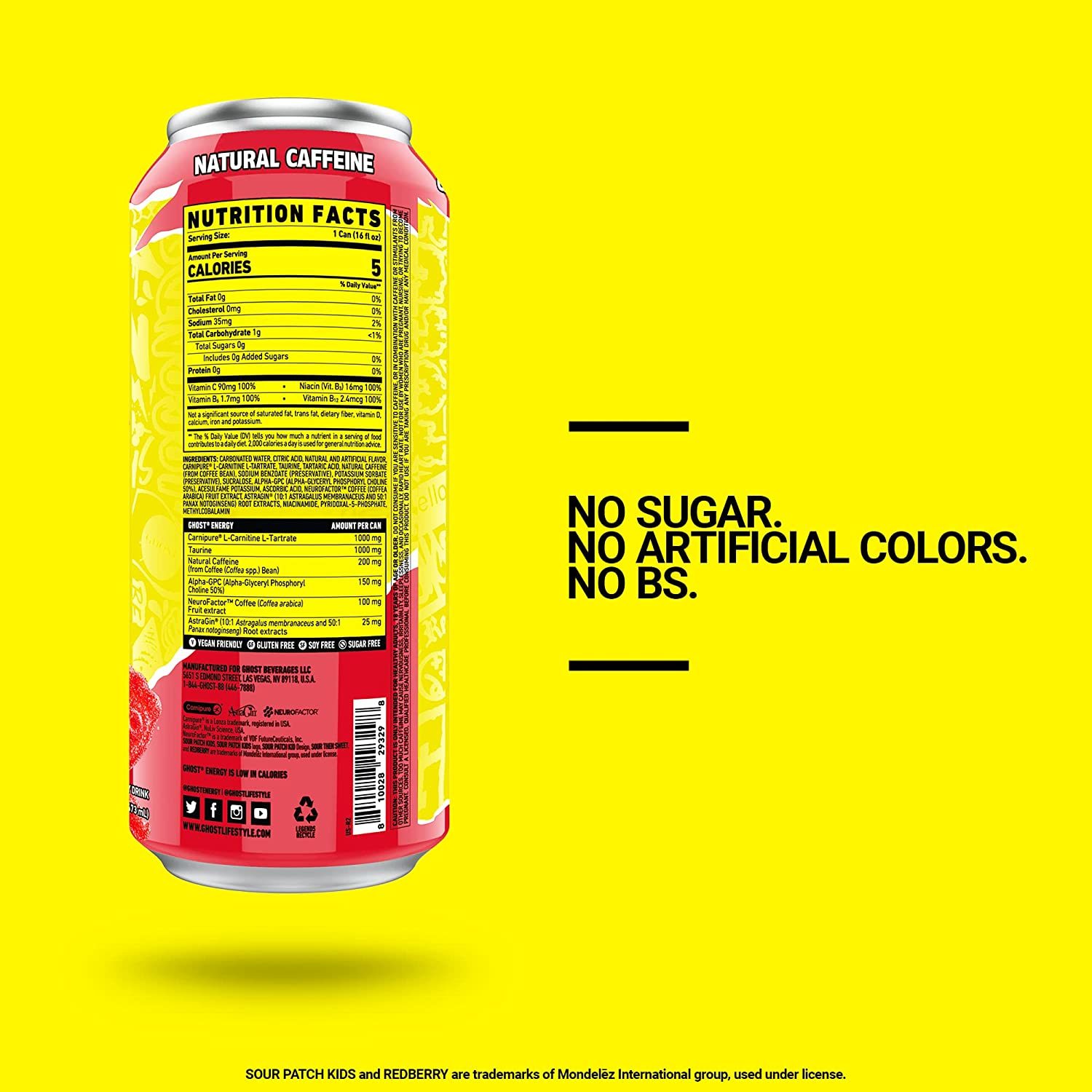 6 Cans of Sour Patch Kids Redberry GHOST ENERGY Sugar-Free 16Fl Oz Cans ...