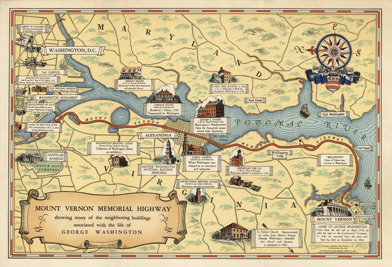 Historical Mount Vernon Memorial Highway Map George Washington Wall ...