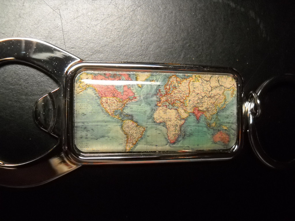 World Map Key Chain Metal with both Mercator Style Map and Bottle ...