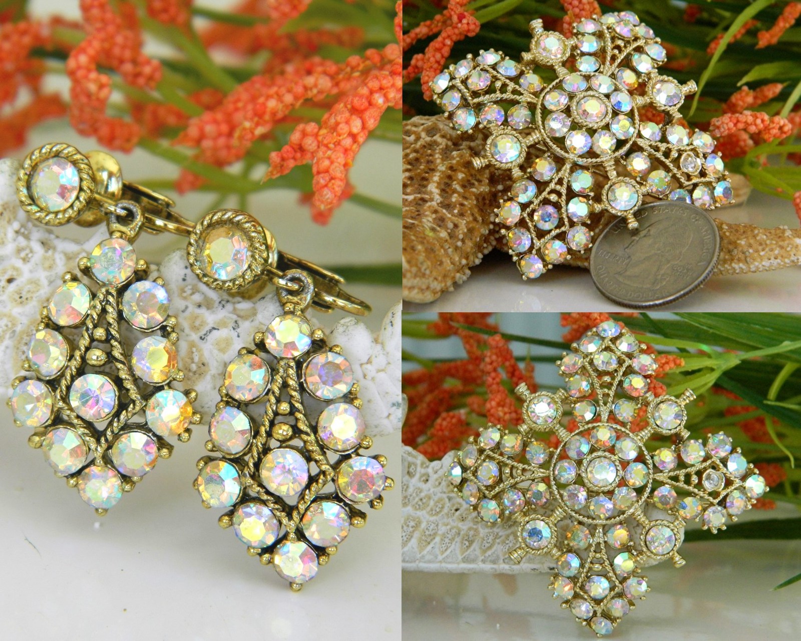 Vintage Demi Parure Aurora Borealis Rhinestone Brooch AB Set - Jewelry Sets Vintage Demi Parure Aurora Borealis Rhinestone Brooch AB Set - Jewelry Sets