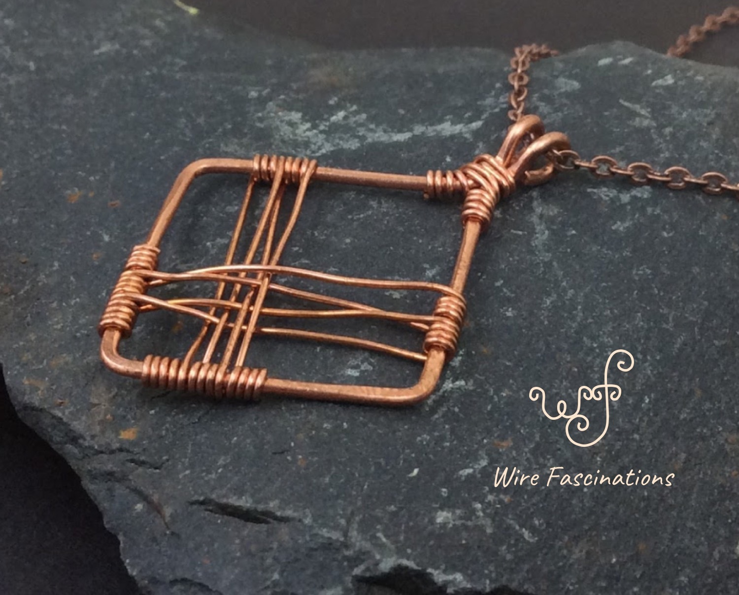 Handmade copper pendant necklace: square diamond frame cross wire ...