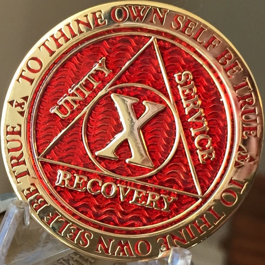 10 Year AA Medallion Red Gold Plated Alcoholics Anonymous Sobriety Chip ...