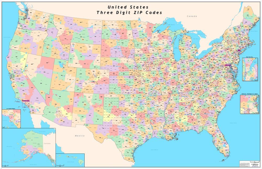 USA 3 Digit Zipcode Laminated Wall Map (County Version) - North America ...