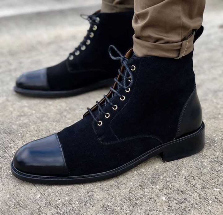 High Ankle Leather Boots Men's Blue Suede Leather Cap Toe Laceup ...