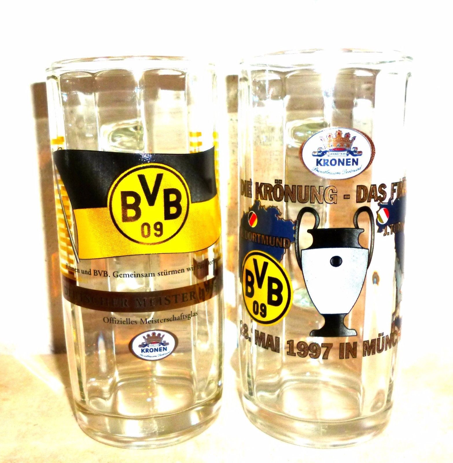2 Kronen BVB Borussia Dortmund Champions 1997 German Beer Glass Seidels ...