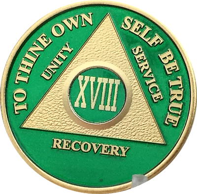 18 Year AA Medallion Green Gold Plated Alcoholics Anonymous Sobriety ...