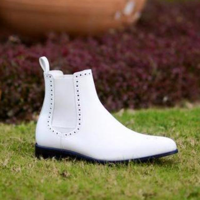 Handmade Men White Leather Chelsea Boots, Men White Brogue Chelsea ...