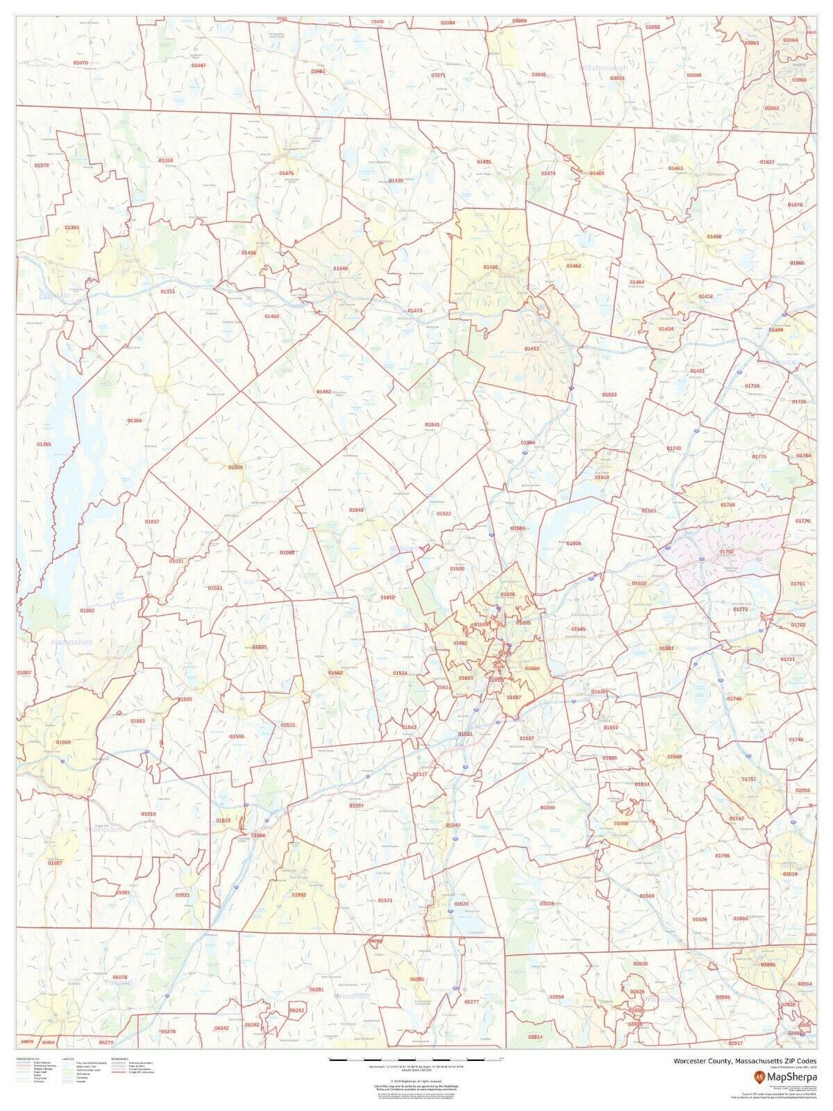 Worcester County, Massachusetts ZIP Codes Laminated Wall Map (MSH) - US