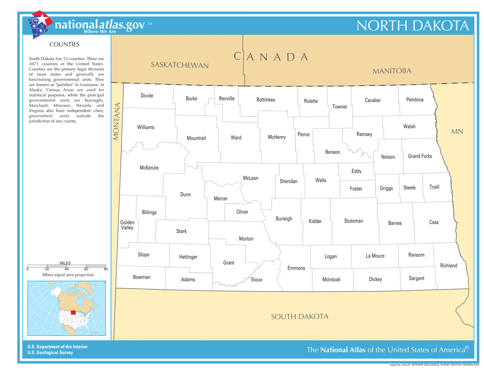 North Dakota State Counties Laminated Wall Map - US