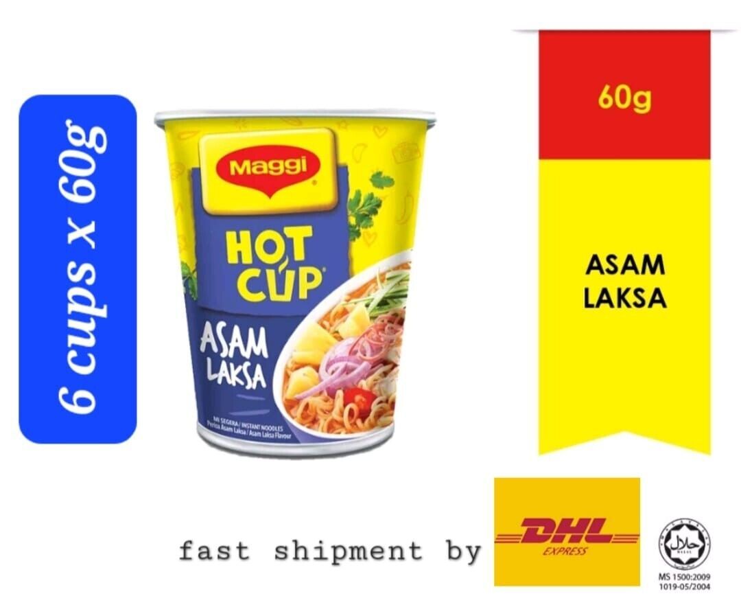 Malaysia Maggi Hot Cup Asam Laksa Instant Noodle 6 cups x 60g -fast by ...