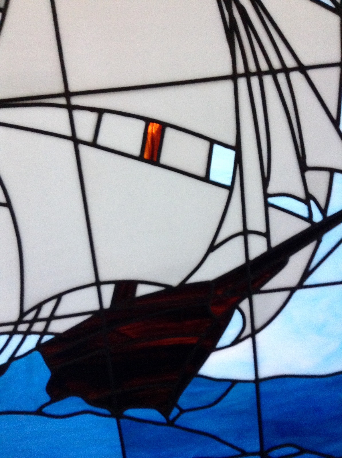 1880-1920 Arts and Crafts Stained Glass Window of Galleon in Original ...