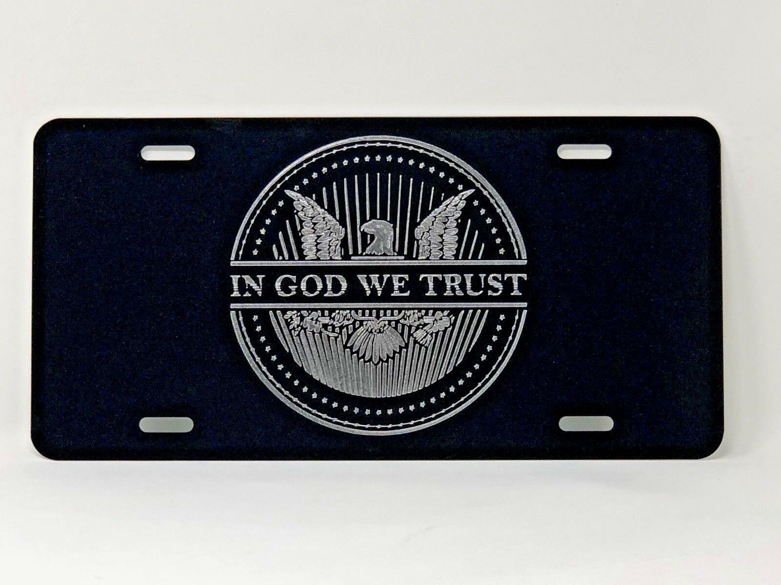 IN GOD WE TRUST logo Car Tag Diamond Etched on Black Aluminum License ...