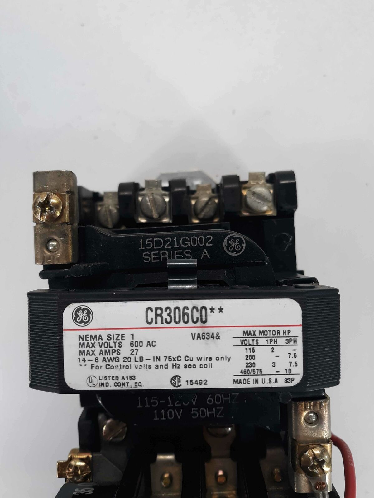 GE CR306C0 NEMA Size 1 Motor Contactor/Starter 27A, 600V 10HP Max, 120V ...