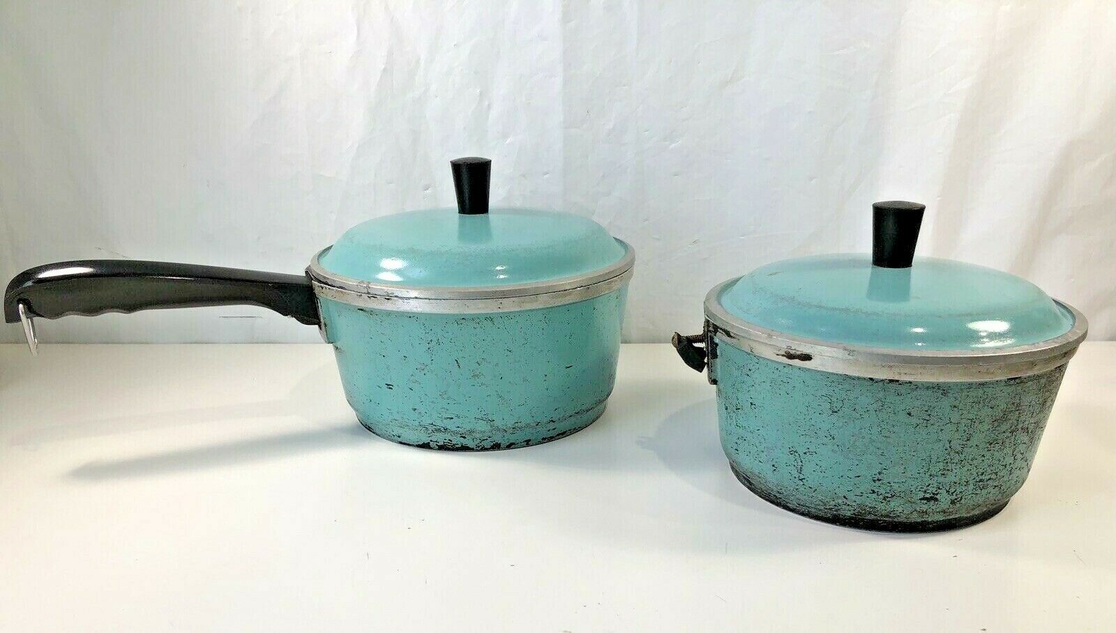 2 Club Cookware Turquoise Blue Covered Sauce Pan Pot w Lid Vintage Cast ...