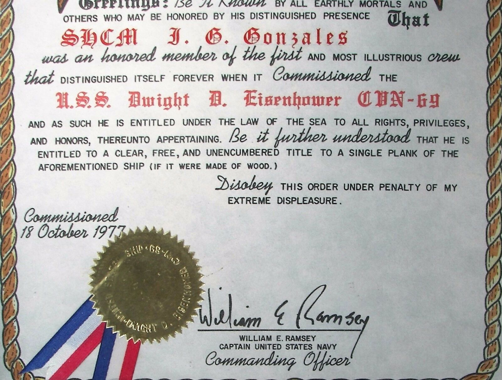 October 18, 1977 U.S. NAVY PLANK OWNER CERTIFICATE U.S.S. Eisenhower ...