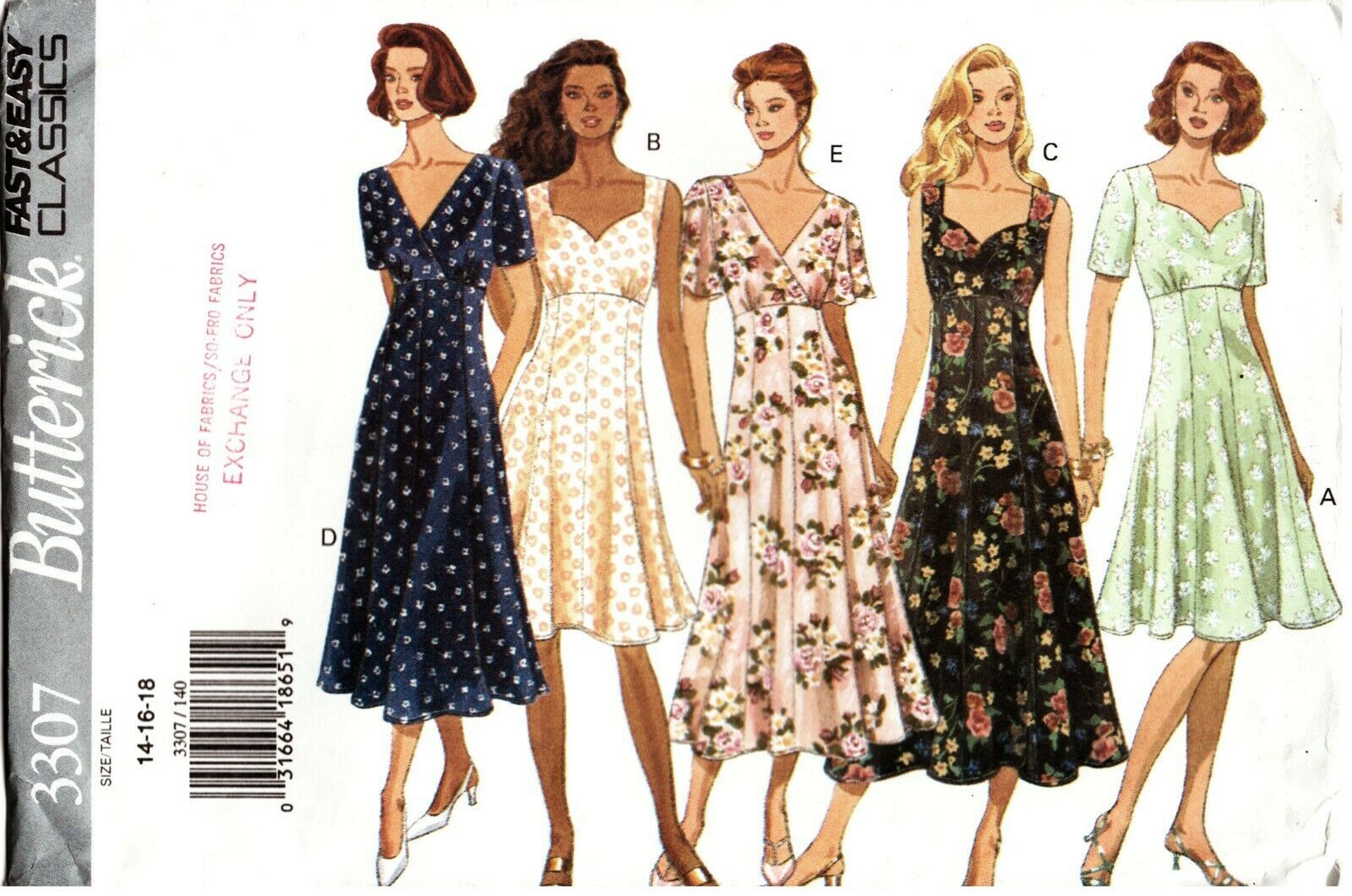 Vintage 1994 Misses' DRESSES Butterick Pattern 3307-b Sizes 14-16-18 ...