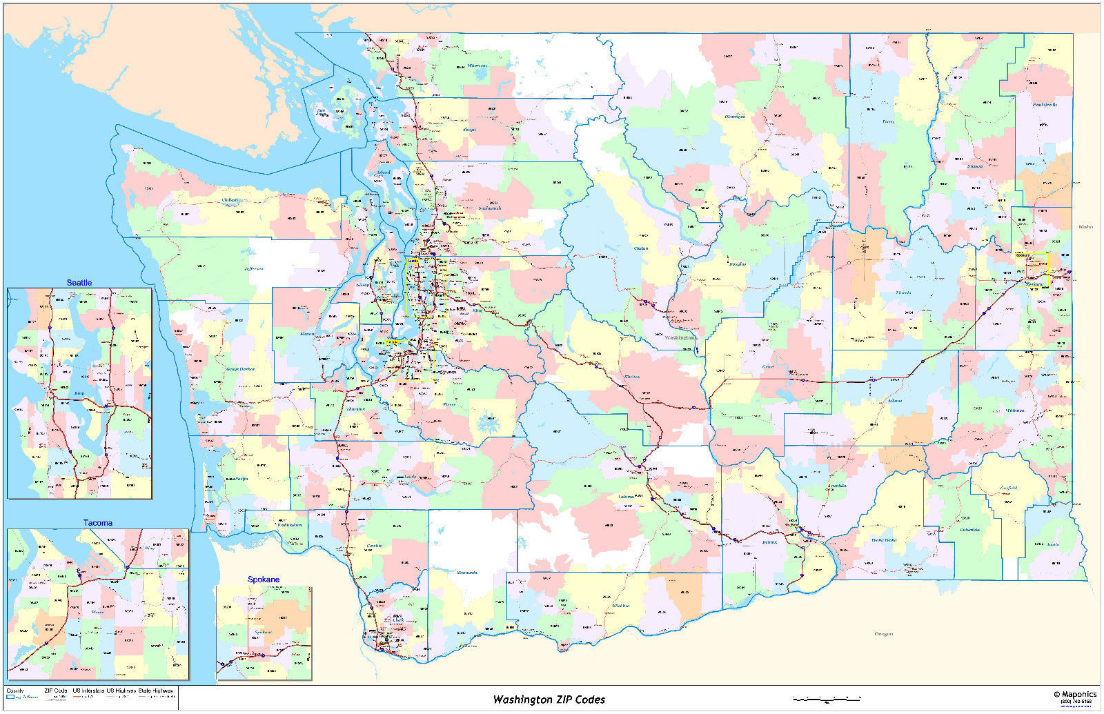 Washington State Zipcode Laminated Wall Map - US
