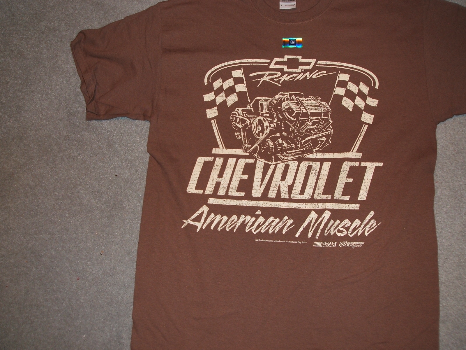 Chevy Motor Block on a new large brown tee shirt - Racing-NASCAR