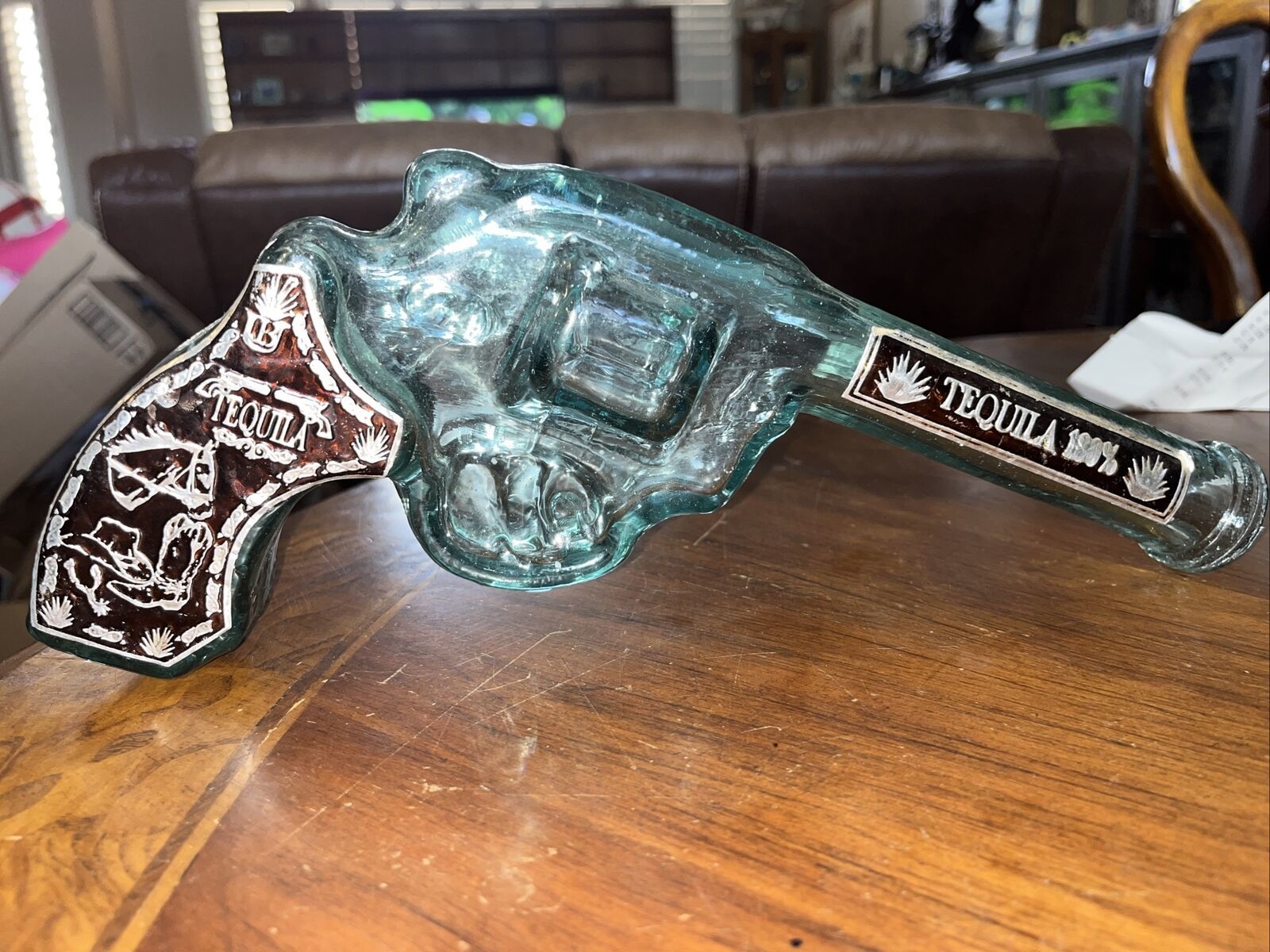 Gun Revolver Shaped Art Glass Bottle Mexican Tequila Blue Decanter ...