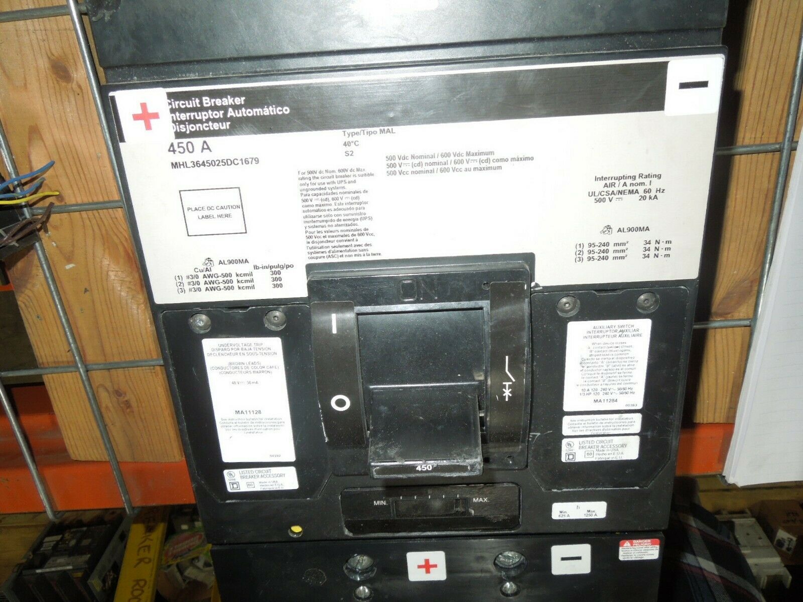 Square D MHL3645025DC1679 450A 3p 600VDC Breaker Auxiliary Switch & 48V ...