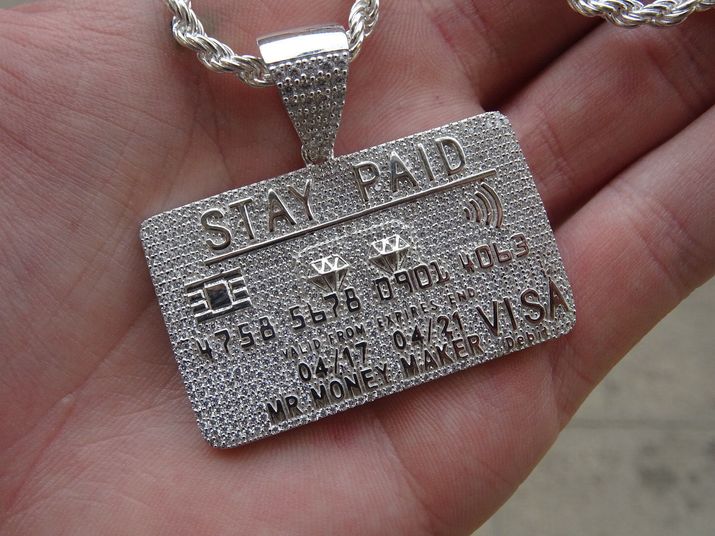 Men's STAY PAID Visa Credit Card Pendant Necklacein 14k White Gold ...