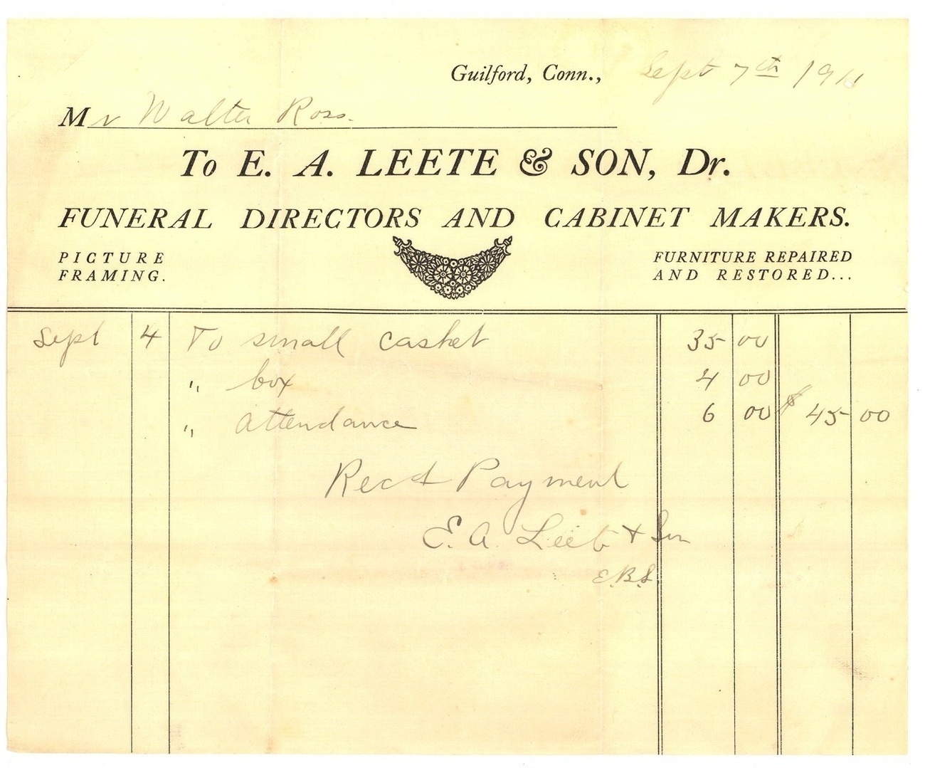 E A Leete funeral invoice waybill 1911 Guilford CT cabinet makers ...