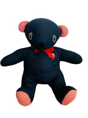Denim Plush Texas Teddy Bear Big Eyes And Checkered Ears / Feet Red Bow ...