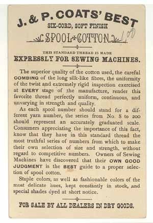 J P Coats Thread Victorian trade card original spool cotton bonnet ...