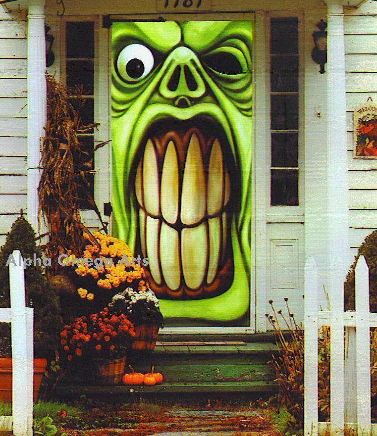 Halloween Door Wall Mural Angry Frankenstein Bloody Help Me Bloody Do ...
