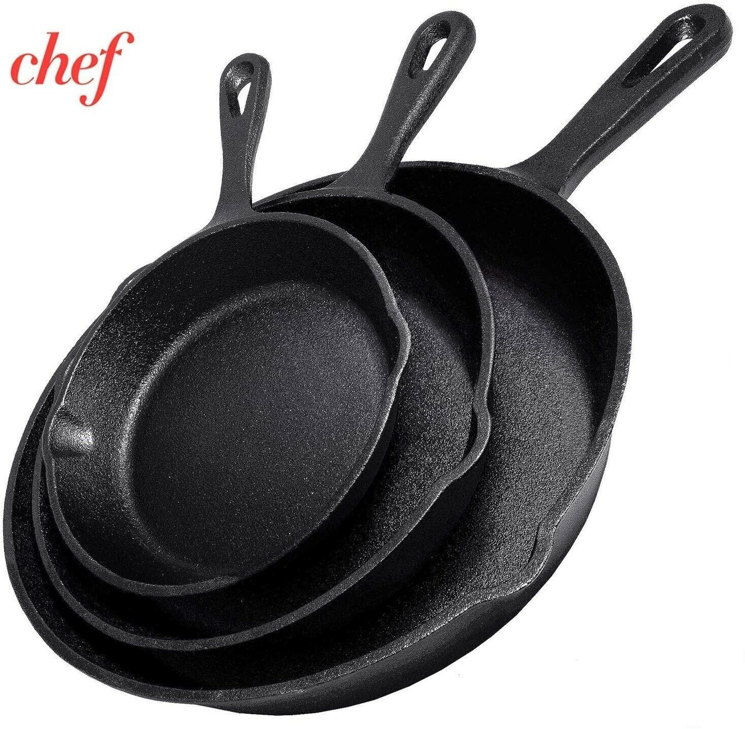 Heavy-Duty Professional Pre-Seasoned Cast Iron Skillet Pan Set 6" 8" 10 ...