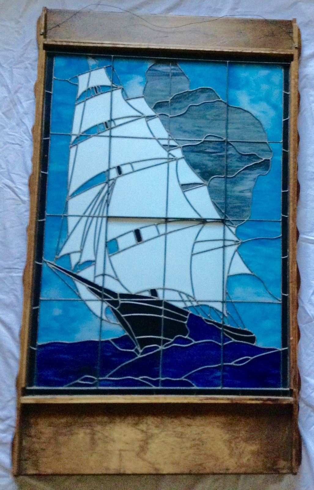 1880-1920 Arts and Crafts Stained Glass Window of Galleon in Original ...