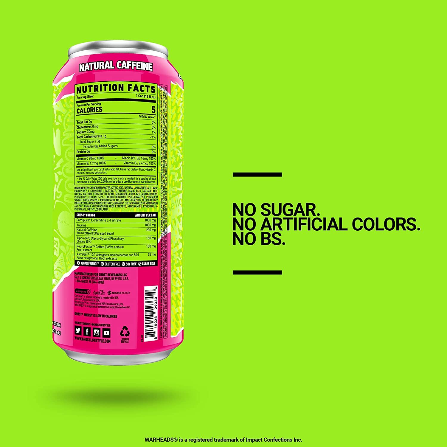 6 Cans of Warheads Sour Watermelon GHOST ENERGY Sugar-Free 16Fl Oz Cans ...