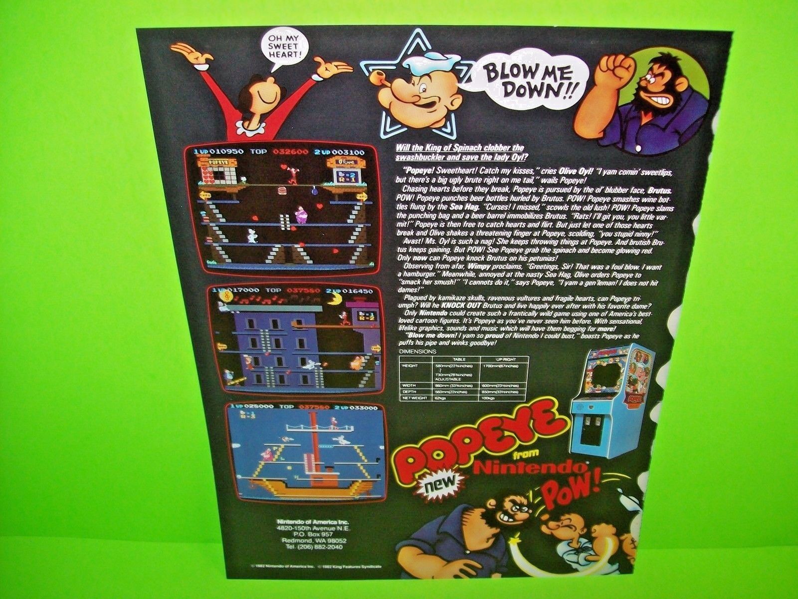 Nintendo POPEYE Original 1982 Classic Video Arcade Game Promo Sales ...
