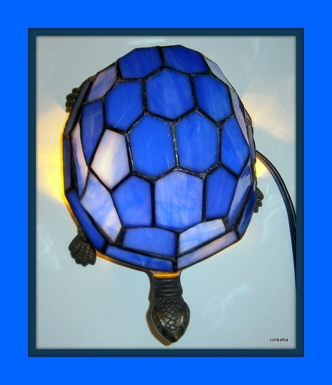 TURTLE Stained GLASS night light/LAMP blue plug-in ANTIQUED bronze ...