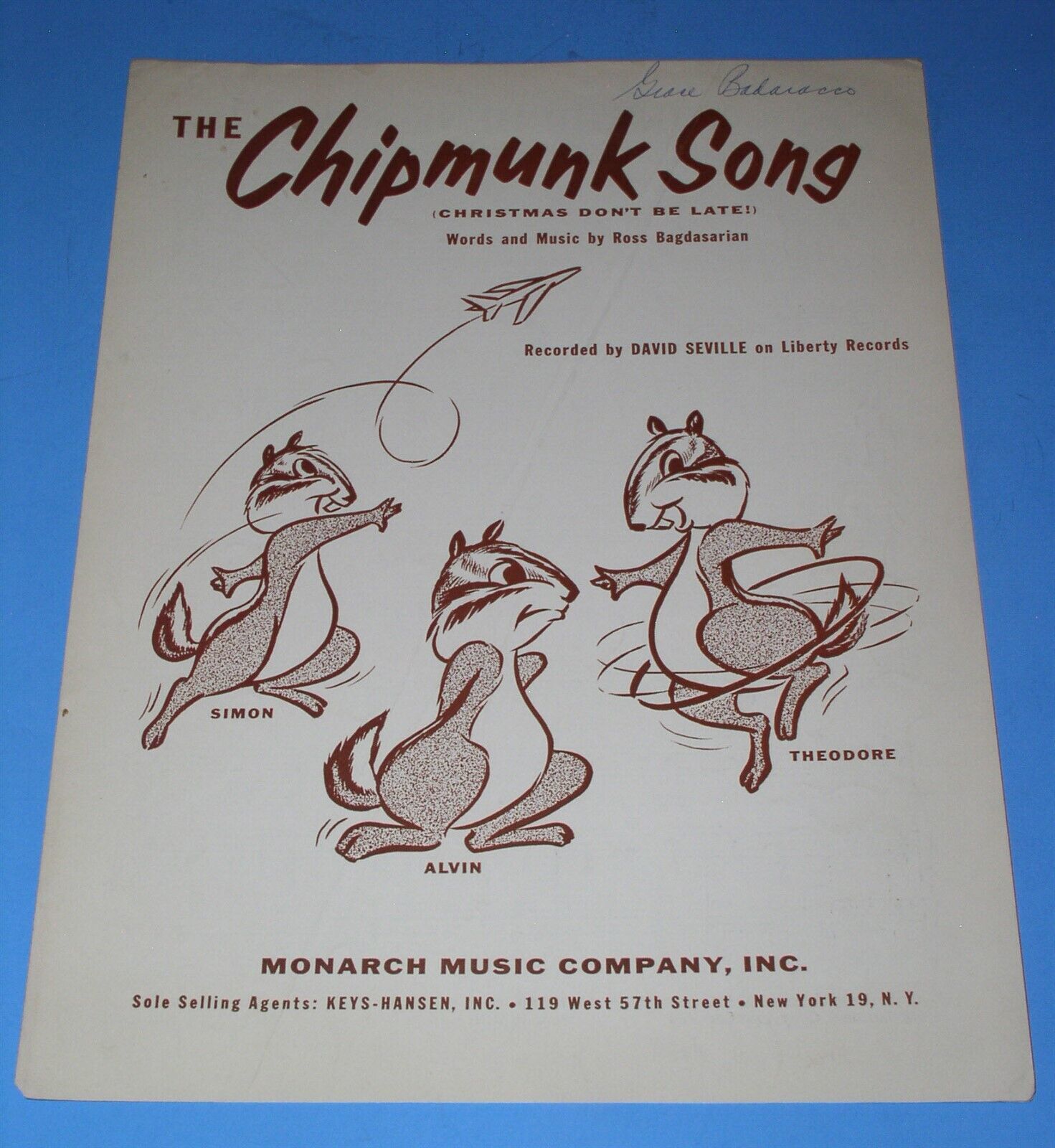 The Chipmunks Sheet Music The Chipmunk Song Vintage 1958 Monarch Music Seville - Vintage & Antique