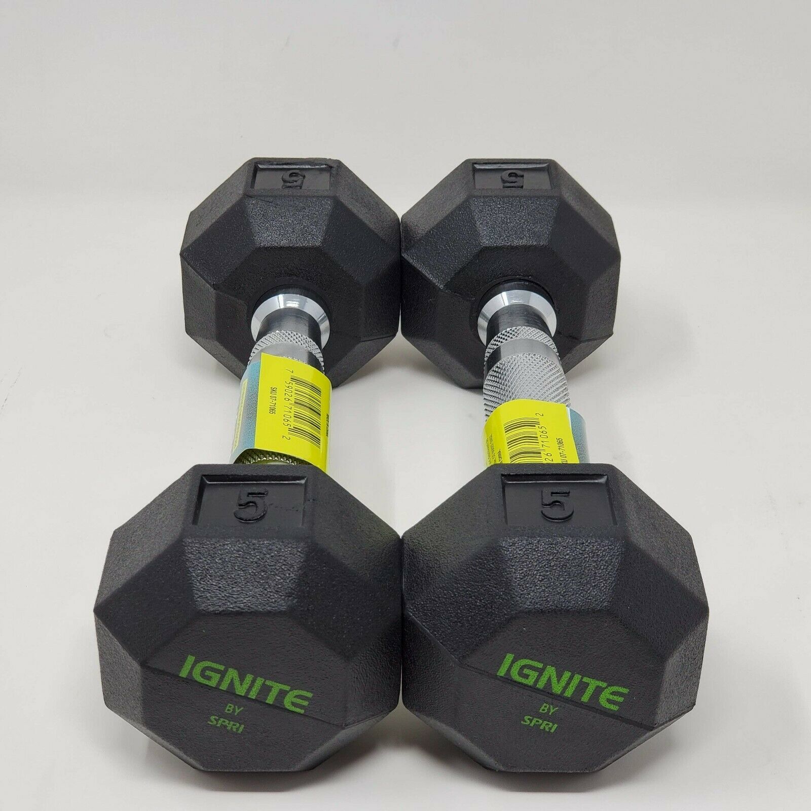 Set Of 2 Ignite By SPRI 5 LB Dumbbell Pair Rubber Coated Hex Dumbbells Set Of 2 Ignite By SPRI 5 LB Dumbbell Pair Rubber Coated Hex Dumbbells