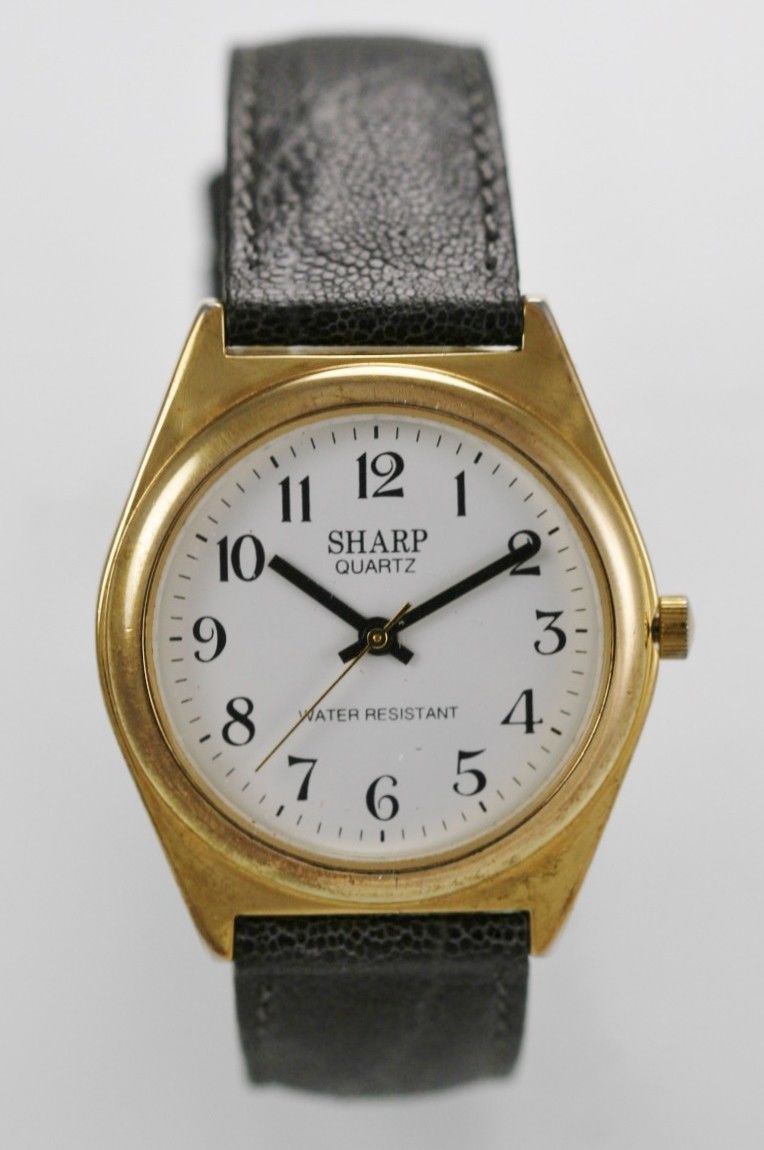 Sharp Watch Mens Stainless Steel Gold Black Leather Water Resist ...