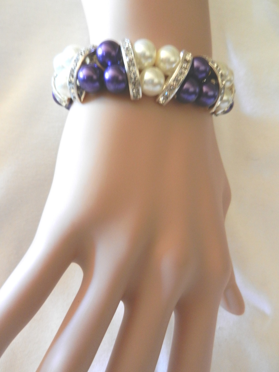 New Purple Beaded Bracelet, Double Row Stretch Bracelet Purple White ...