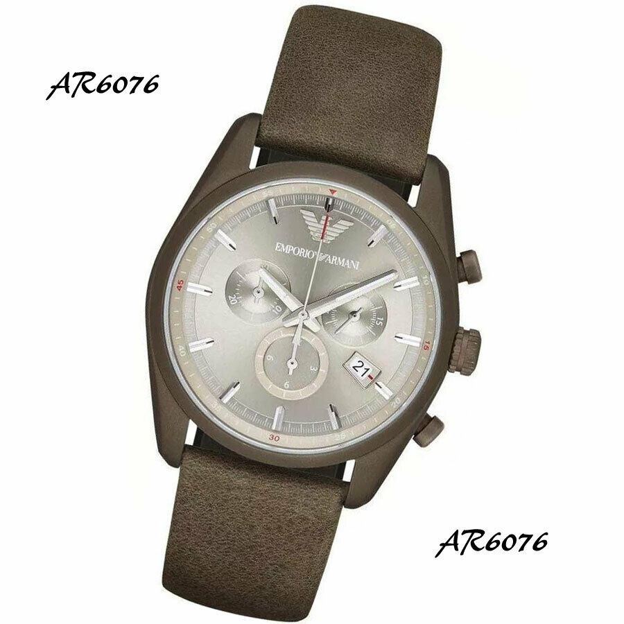 Emporio Armani Unisex AR6076 Khaki Leather Strap Chronograph Quartz ...