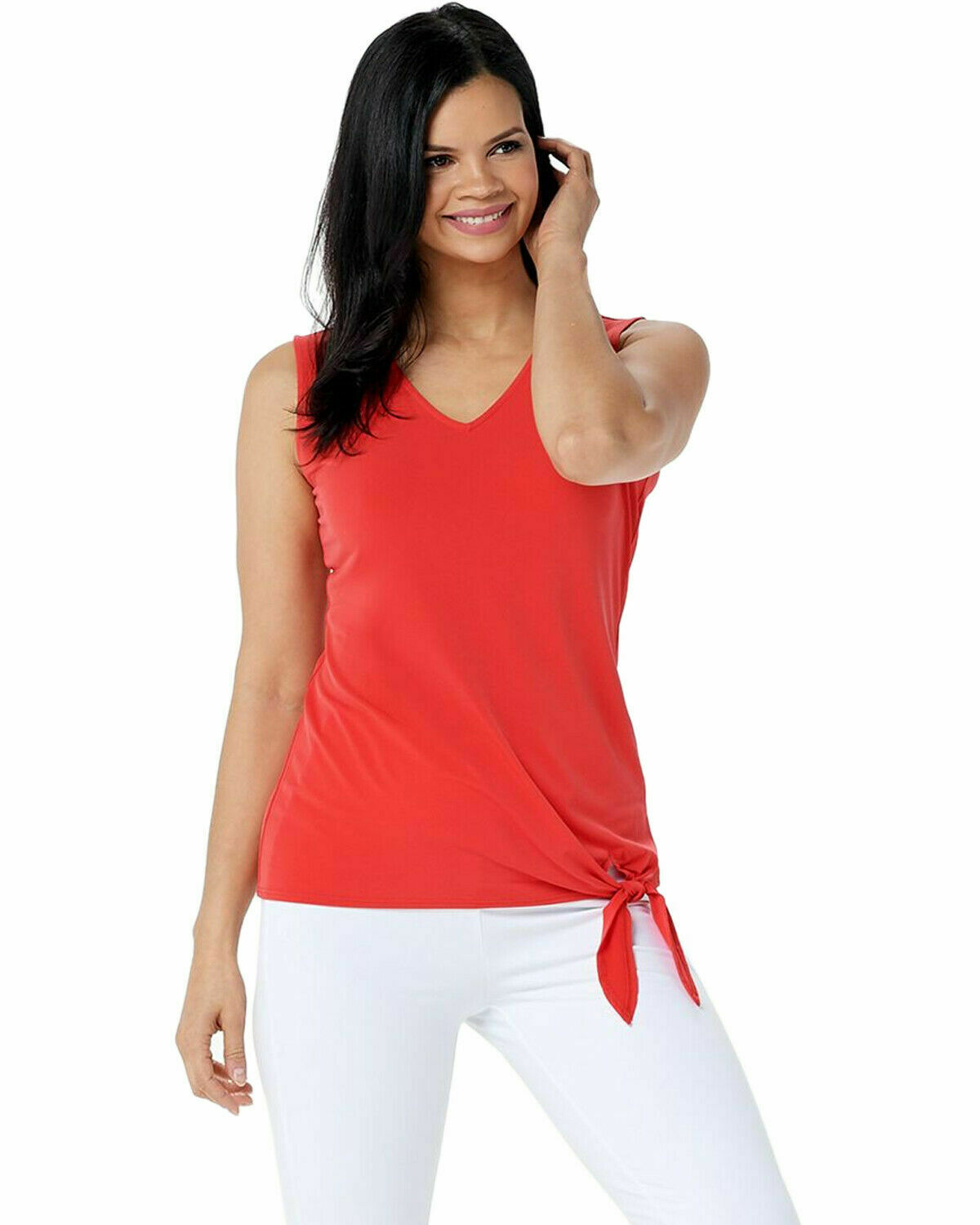 Susan Graver Size Small Liquid Knit Sleeveless Tie Front Top Shirt Coral Flash Tops