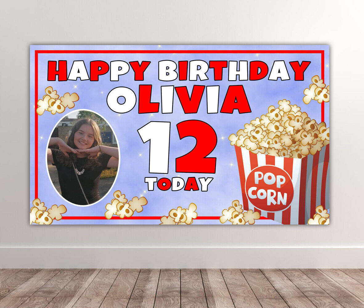 2 X MOVIE POPCORN Photo Personalised Birthday Backdrop - Movie Night ...