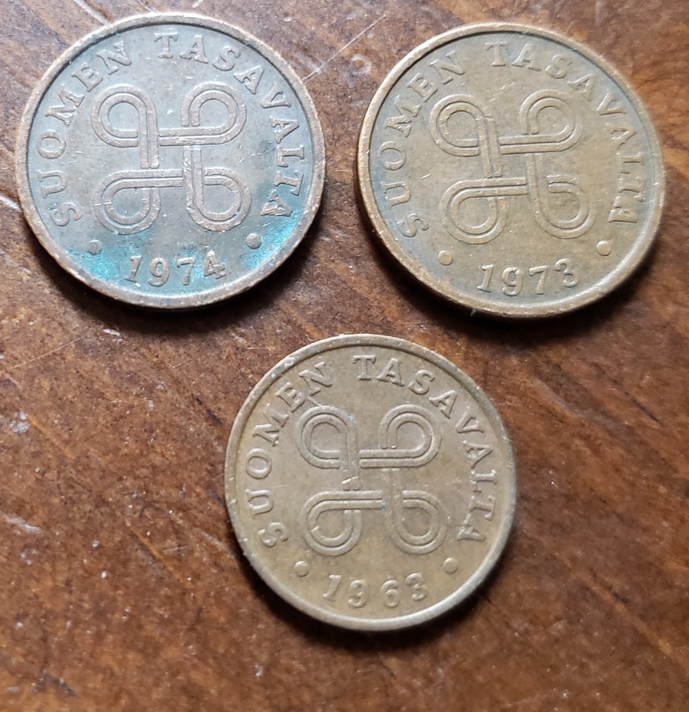 Three coins from Finland: Suomen Tasavalta 1 & 5 Penni 1963, 1973, 1974 ...