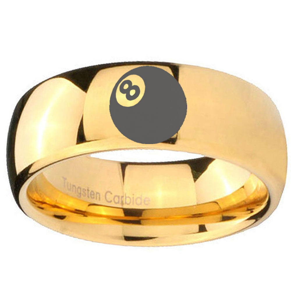 Number 8 Ball 8mm Gold Dome Tungsten Carbide Engraved Ring - Bands ...
