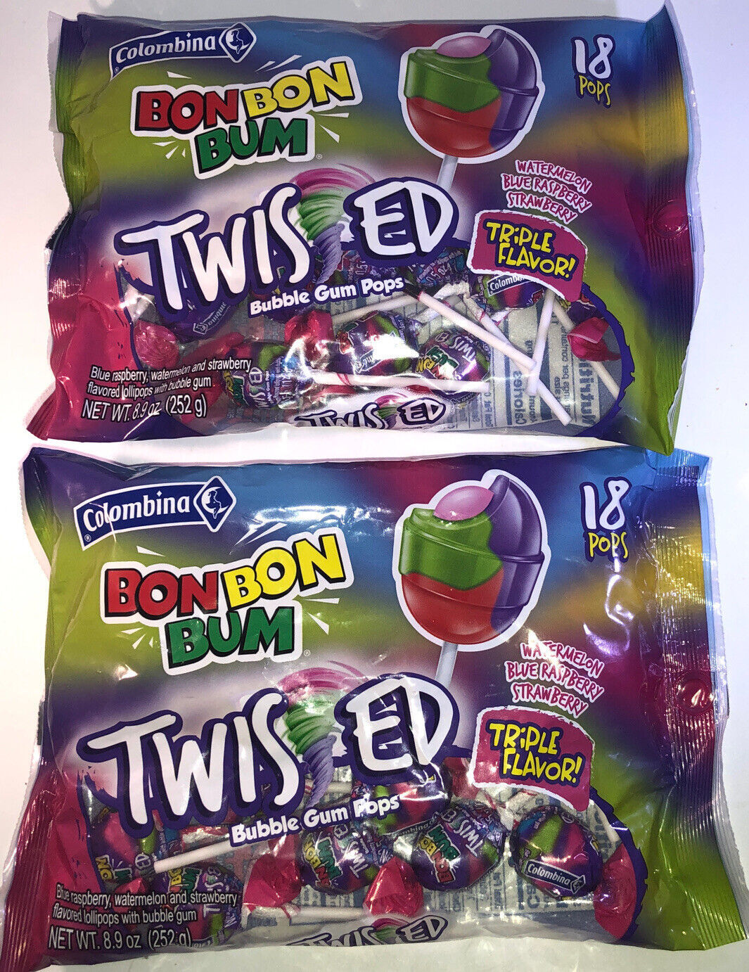 Colombina BON BON BUM Twisted Triple Flavor Bubble Gum Pops-2 packs 8 ...